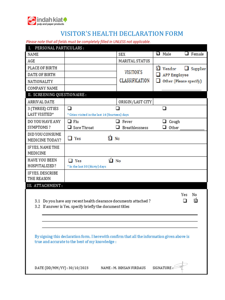 Visitor Health Declaration Form | PDF