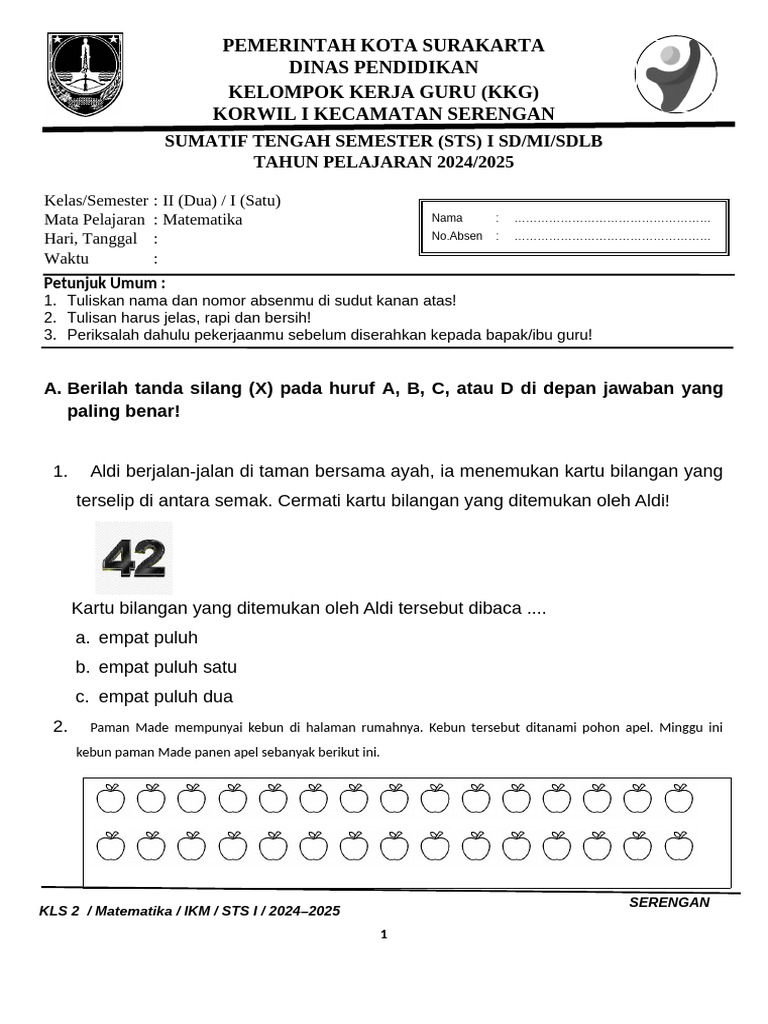 Soal STS 1 MTK KLS 2 | PDF