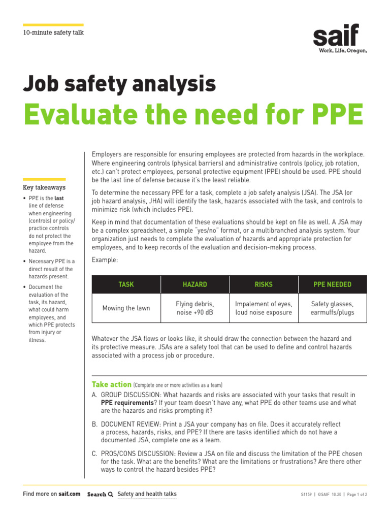 S1159 Safety Talk-Job Safety Analysis-Evaluate The Need For PPE | PDF