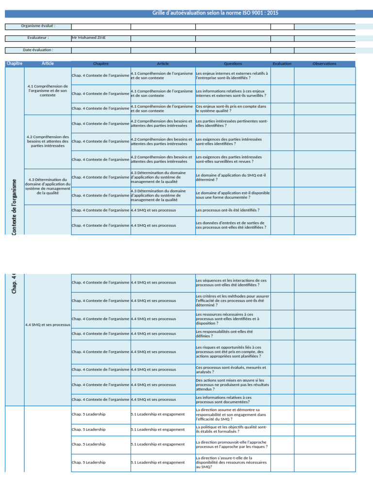 Grille d'autoévaluation ISO 9001:2015 | PDF | Système de management de ...