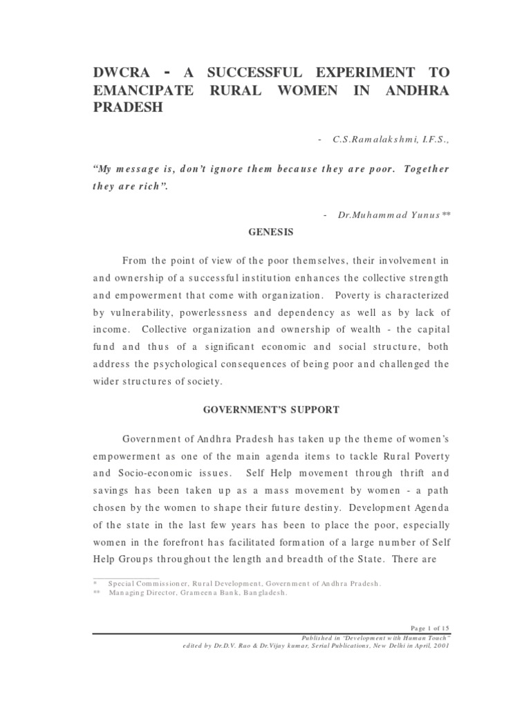 Dwcra-A Successful Experiment To Emancipate Rural Women in A | PDF ...