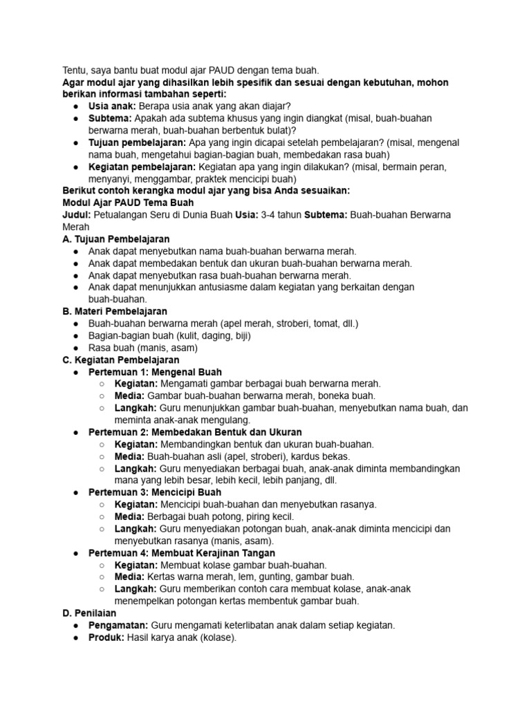 Modul Ajar Paud Tema Buah | PDF