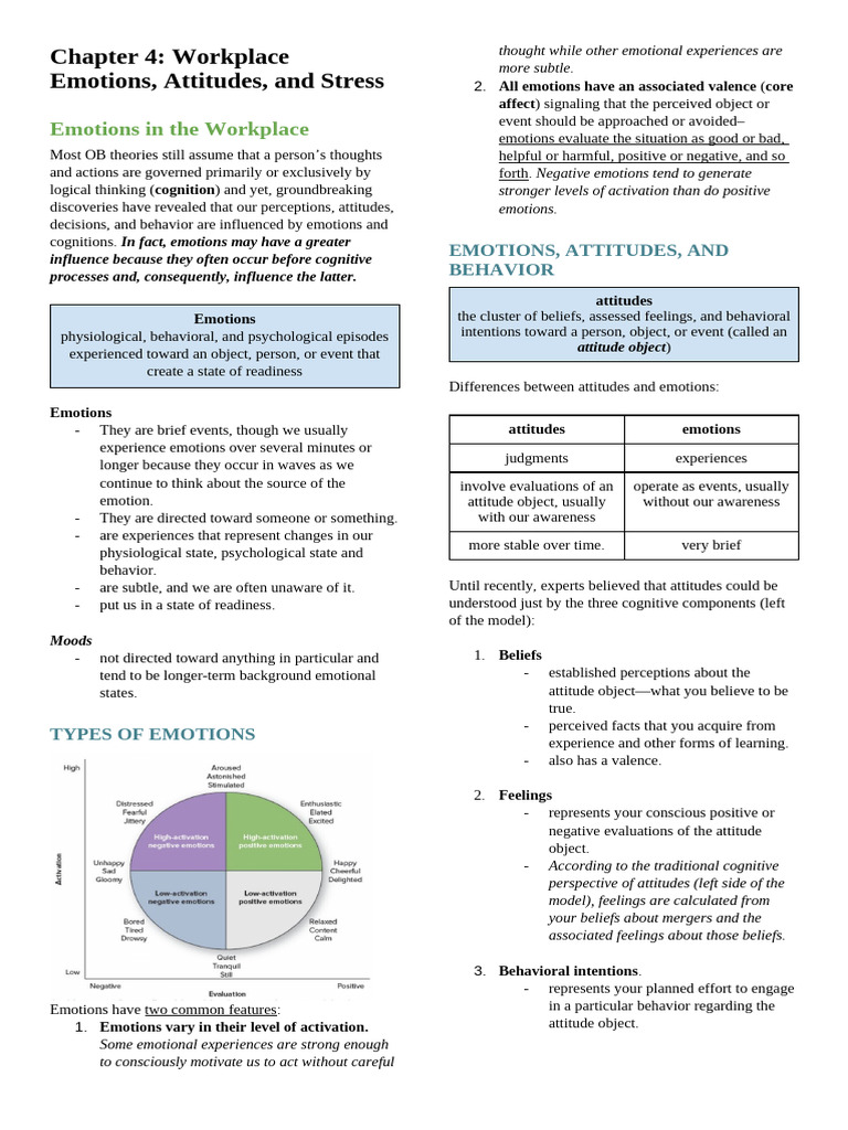 MGT104 - Chapter 4 - Workplace Emotions, Attitudes, and Stress | PDF
