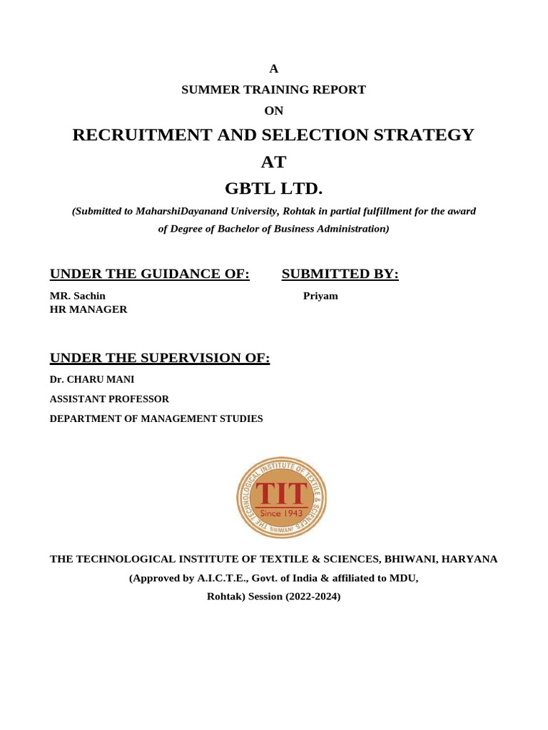 Recruitment and Selection Strategy AT GBTL LTD.: Under THE Guidance OF ...