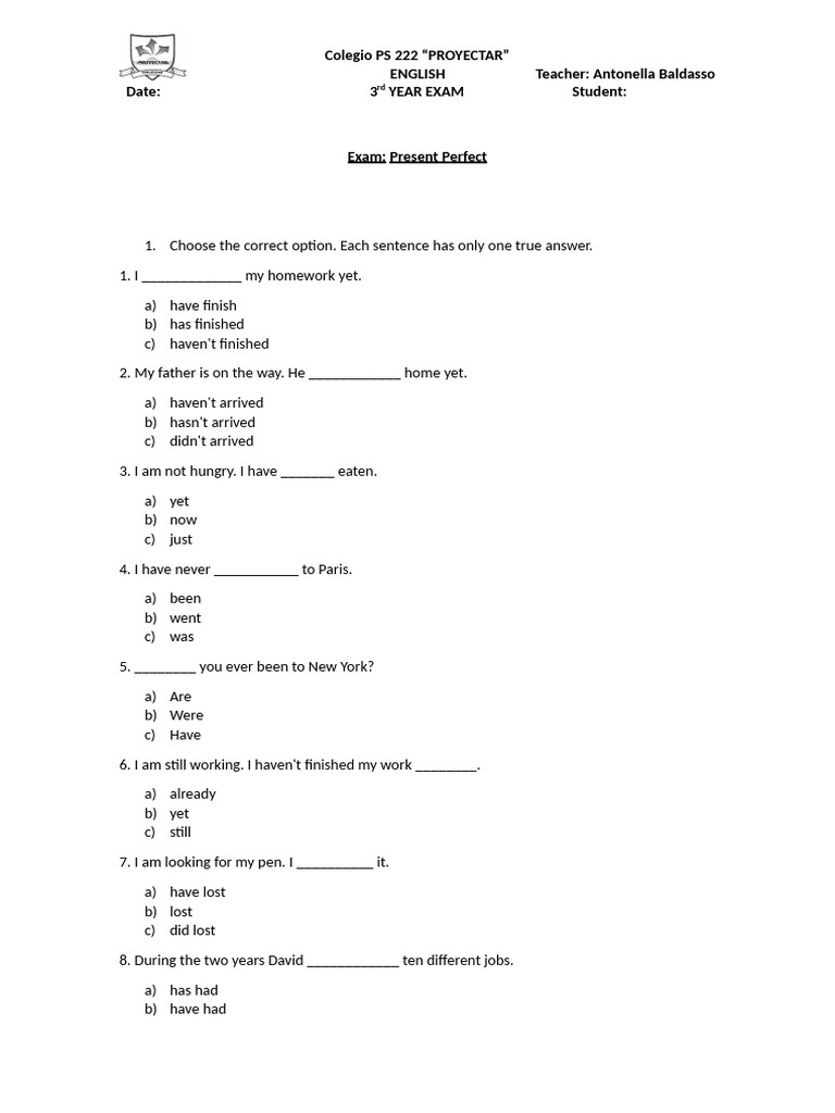 Exam Present Perfect 3° | PDF