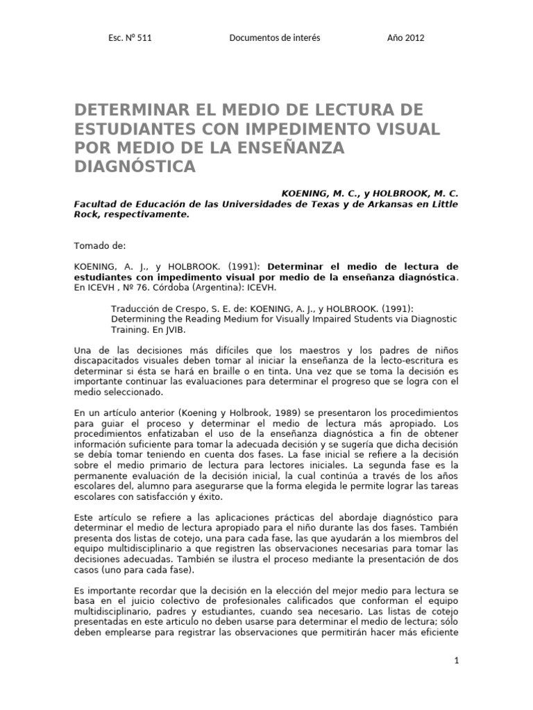 DETERMINAR EL MEDIO DE LECTURA DE ESTUDIANTES CON IMPEDIMENTO VISUAL ...