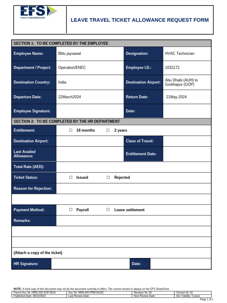 HRM 400-FRM-0016C Leave Travel Ticket Allowance Request | PDF
