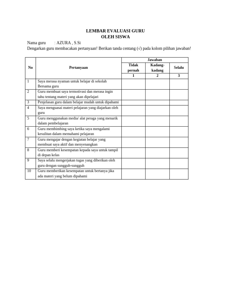 Lembar Evaluasi Guru Oleh Siswa | PDF