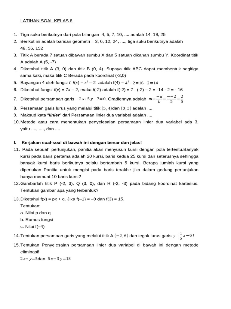 Latihan Soal PAS Matematika Kelas 8 2023 | PDF