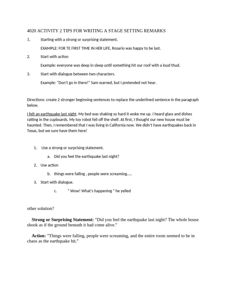 4020 Activity 2 Tips For Writing A Stage Setting Remarks | PDF