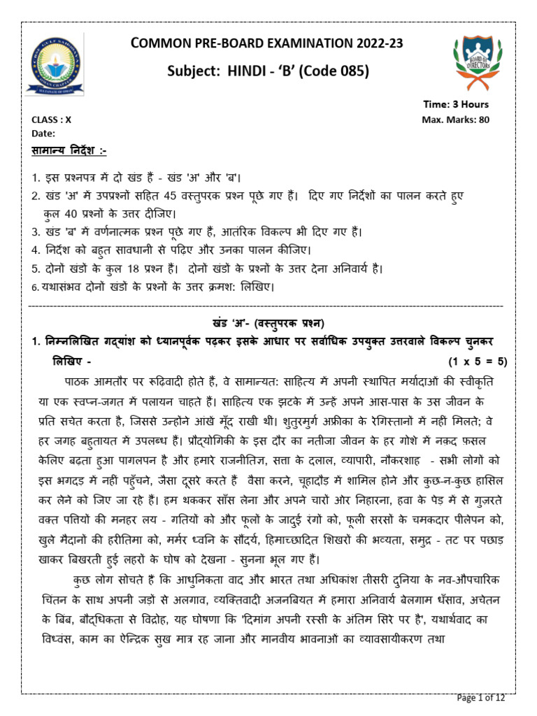 3.hindi - B - QP - Class 10 - CPBE 2023 | PDF