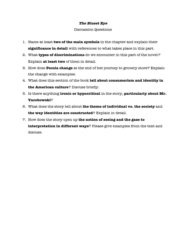 The Bluest Eye Discussion Questions | PDF