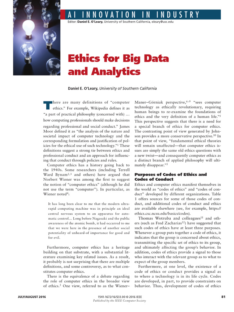 Ethics For Big Data and Analytics | PDF