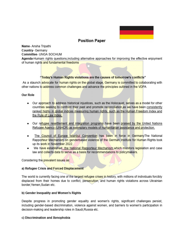 Germany Position Paper For Usage of MUN UNHRC | PDF
