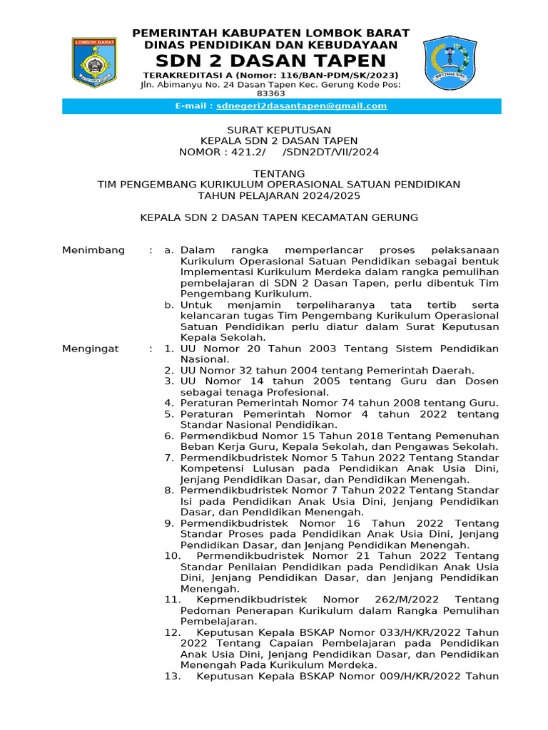 SK Tim Pengembang KOSP Kurikulum Merdeka - SDN 2 Dasan Tapen | PDF