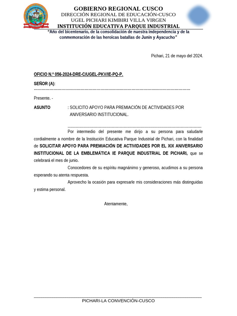 OFICIO 056 Solicito Apoyo para premiación por Aniversario | PDF