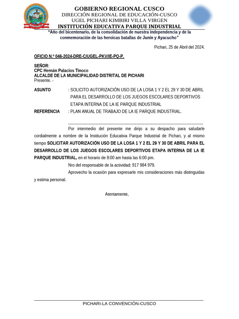 OFICIO 046 Solicito Losa 1 y Losa 2 | PDF