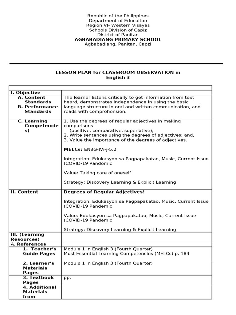Co Lesson Plan English 3 Adjectives | PDF