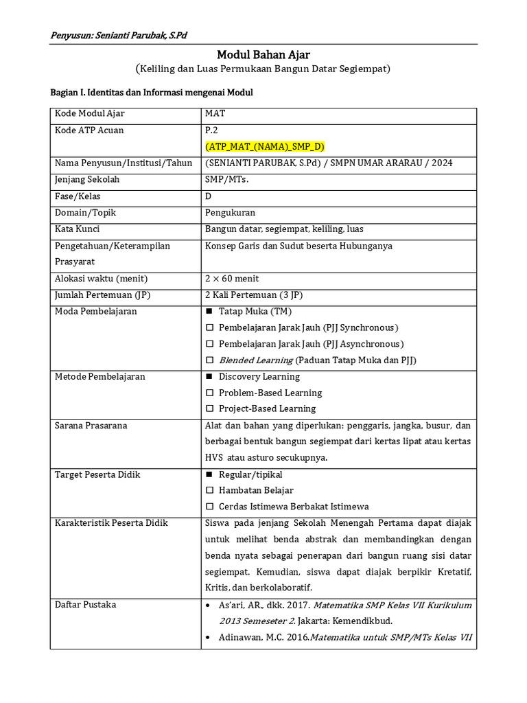 MODUL AJAR - MTK - Kelas 7. SMSTER. 2 | PDF