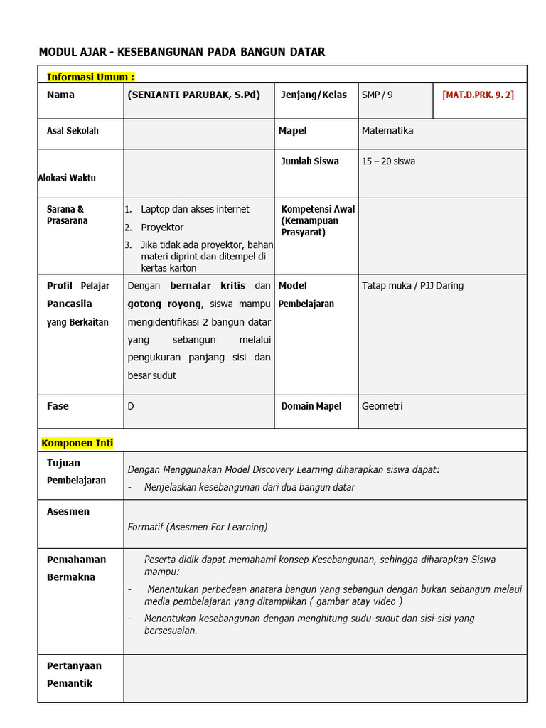 Modul Ajar - Kls.9-Smster. 1 (Validasi Instr. by UNJ) | PDF