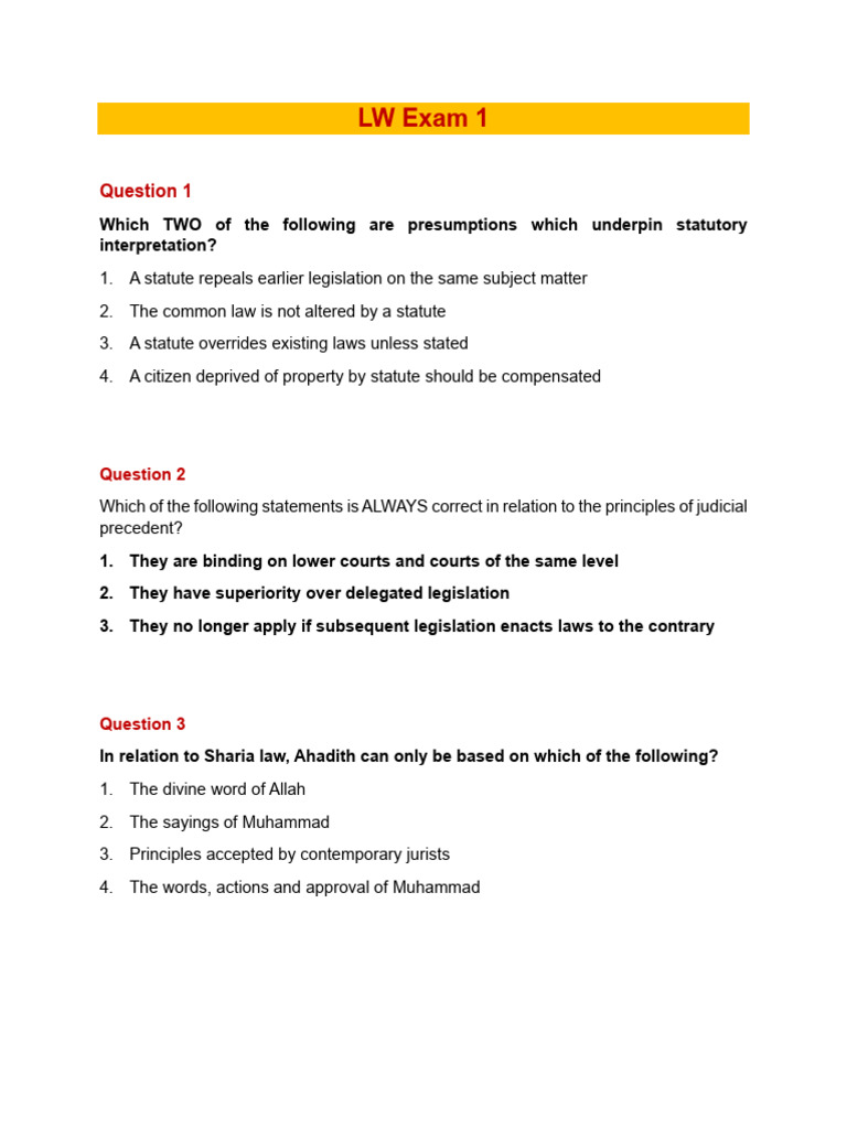 LW Exam 1 Questions | PDF