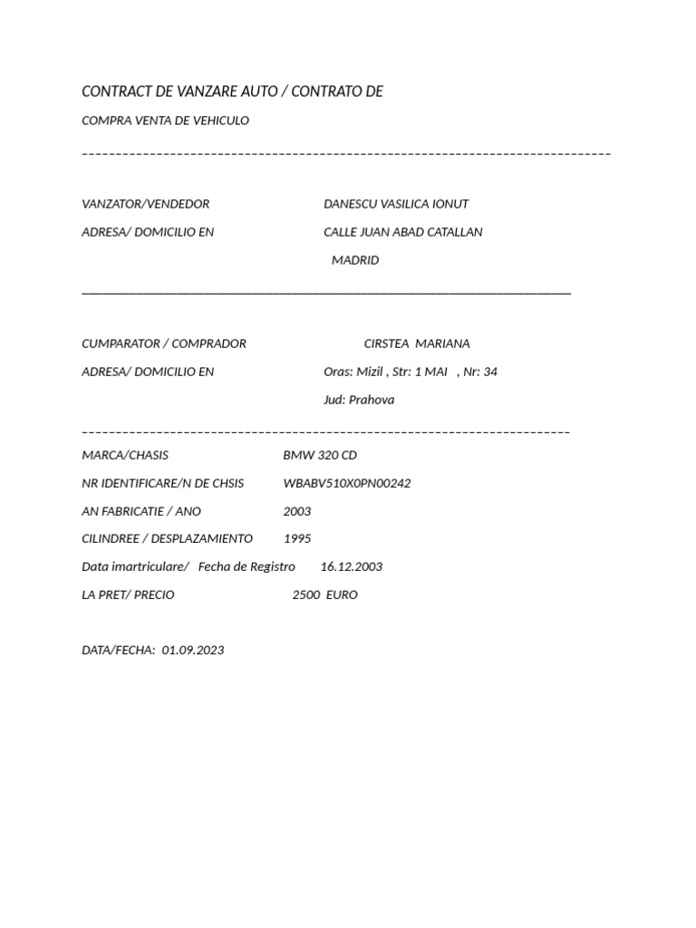 Contract de Vanzare Auto Spania | PDF