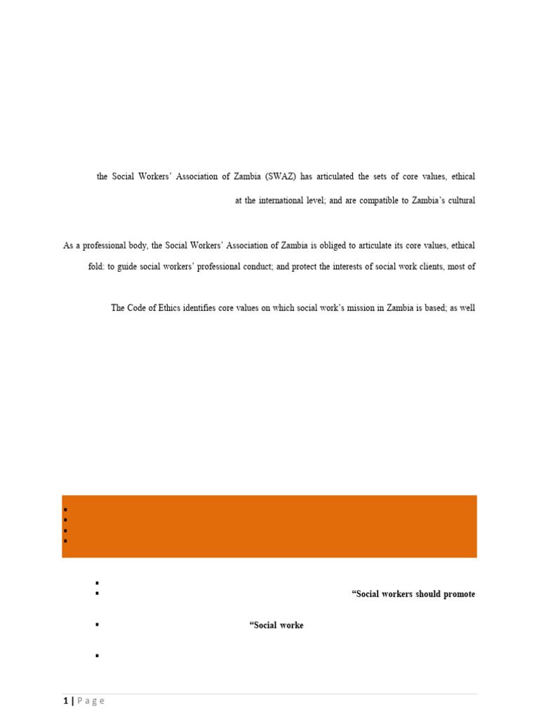 SWAZ Code of ETHICS, PRINCIPLES AND VALUES IN SOCIAL WORK PRACTICE | PDF