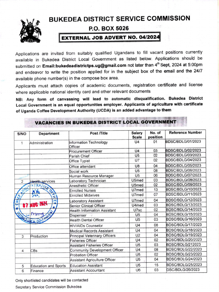 External Job Advert For Bukedea District Service Commission | PDF