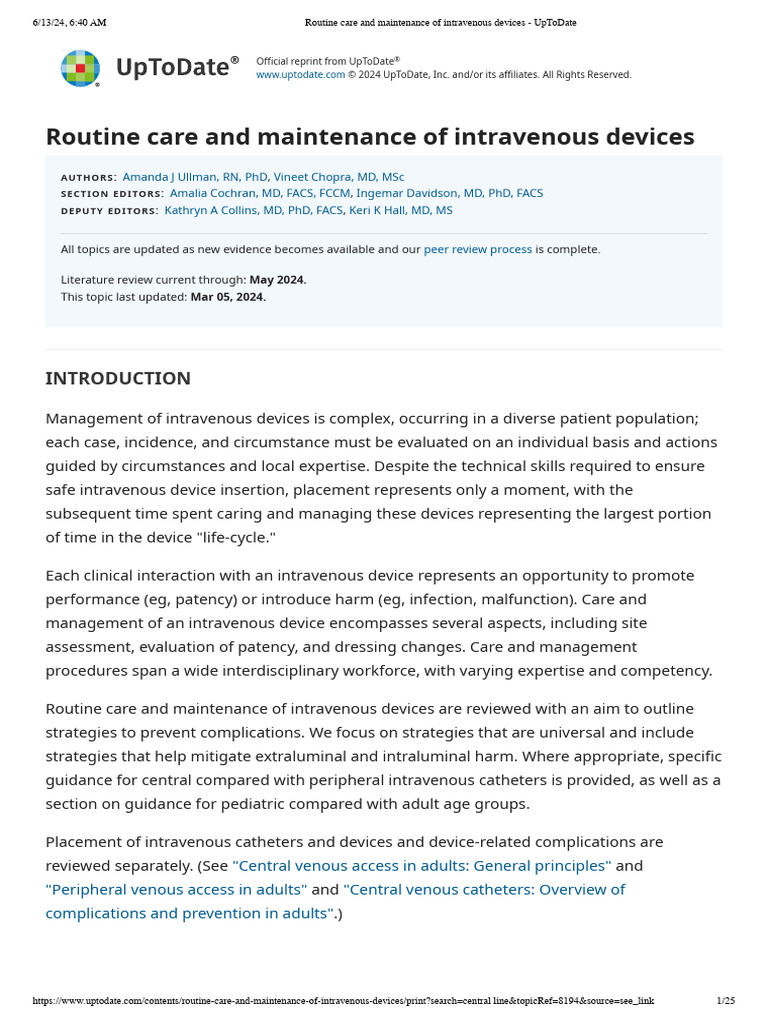 Routine Care and Maintenance of Intravenous Devices - UpToDate | PDF