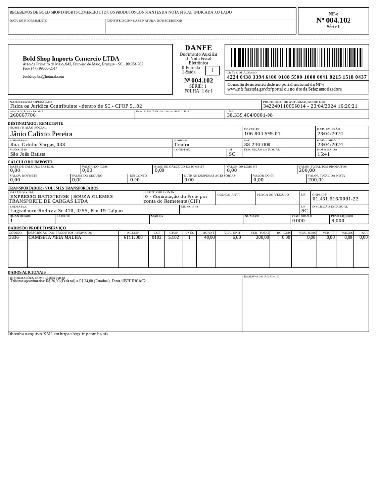 Danfe 004102 | PDF