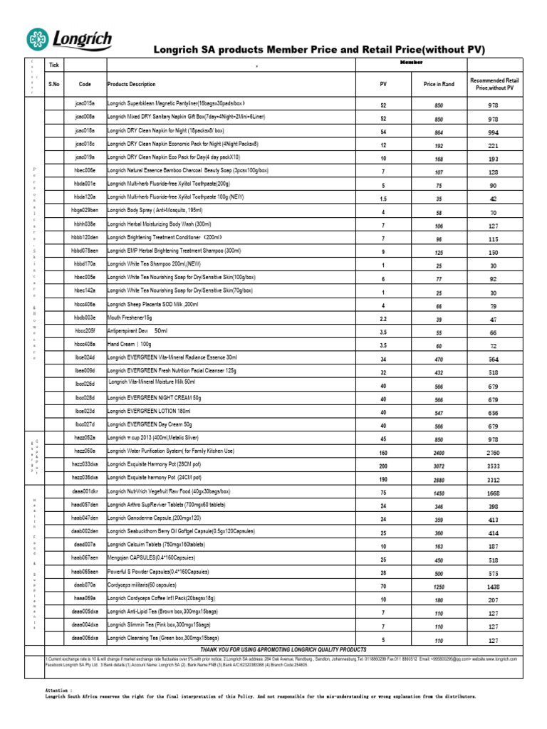 Longrich SA Products Member Price and Retail Price (Without PV) | PDF