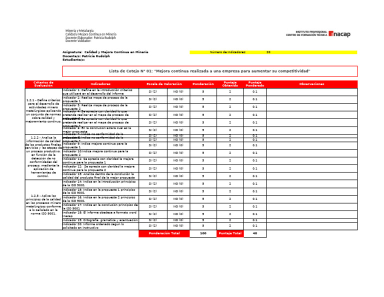 ES02 - GOCM01. ListaCotejo. P Rudolph | PDF