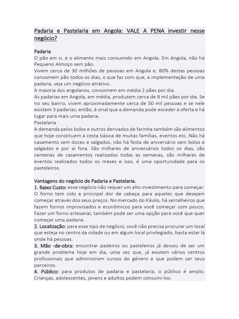 Padaria e Pastelaria em Angola | PDF