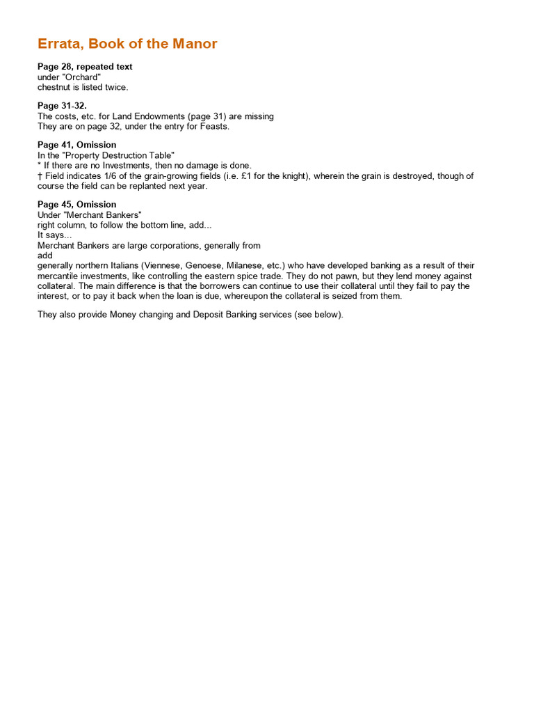 Errata, Pendragon Book of Manor | PDF