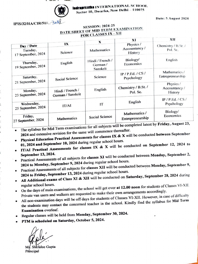 CLASS X HY DATE SHEET | PDF