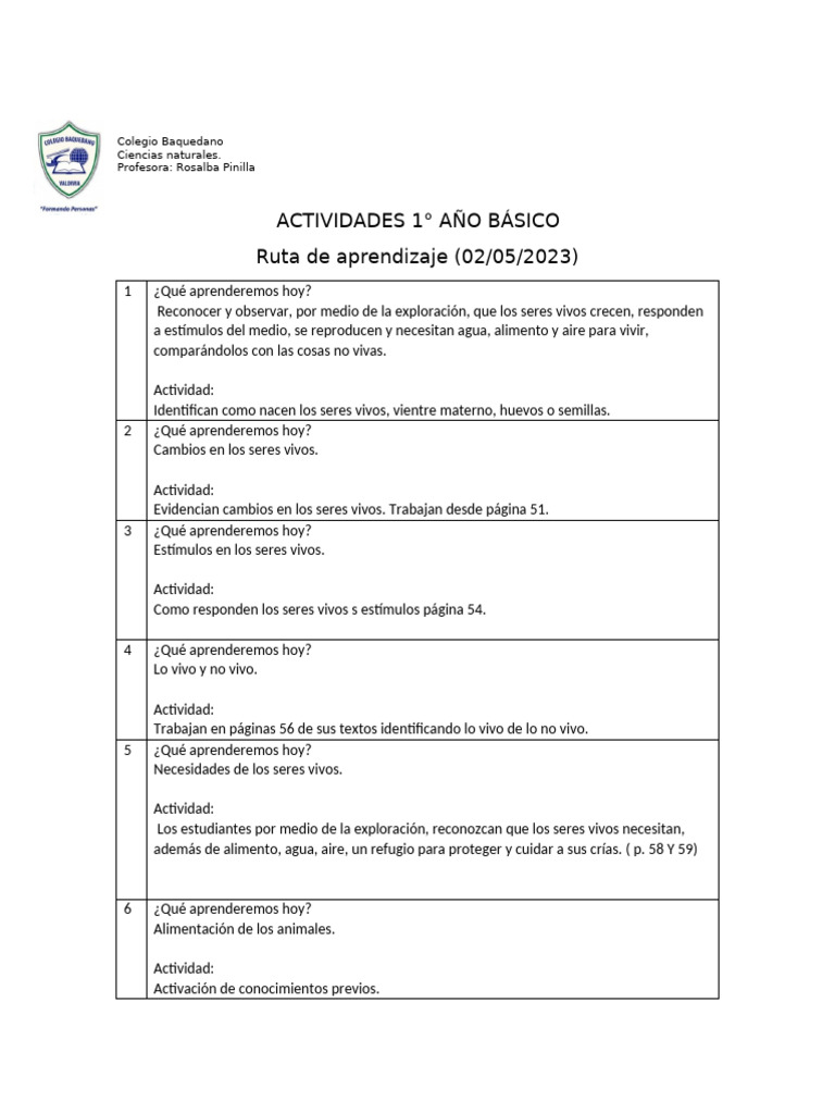 Actividades de Cs. Naturales 1° Basico | PDF
