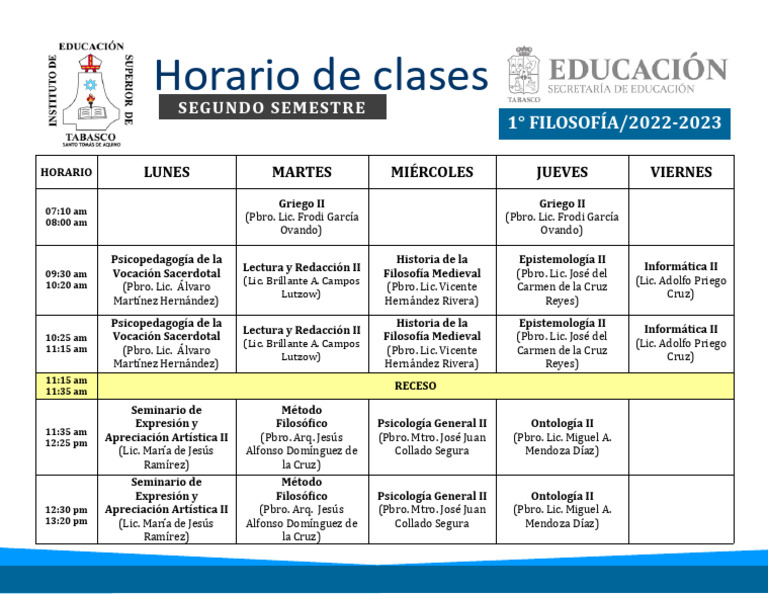 HORARIOS DE CLASES 1° FIL 2 Sem 2022-2023 | PDF