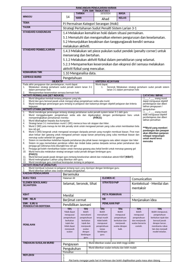 RPH SMK Minggu 14 PJPK Tingkatan 5 | PDF
