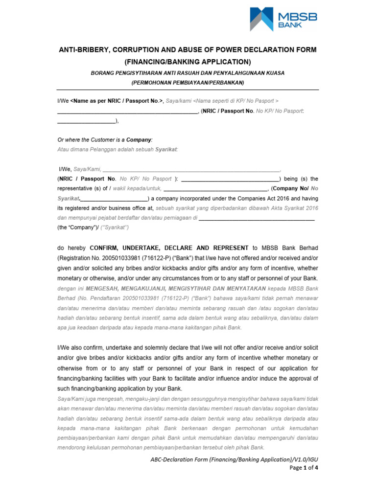 03 Appendix 3 - Anti-Bribery Corruption and Abuse of Power Declaration Form | PDF | Bribery ...