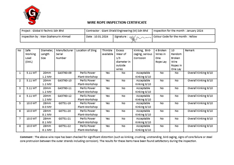 Wire Rope Inspection Certificate | PDF