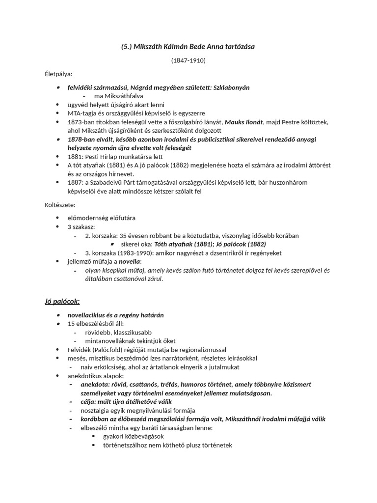 Mikszáth Kálmán Bede Anna Tartózása | PDF