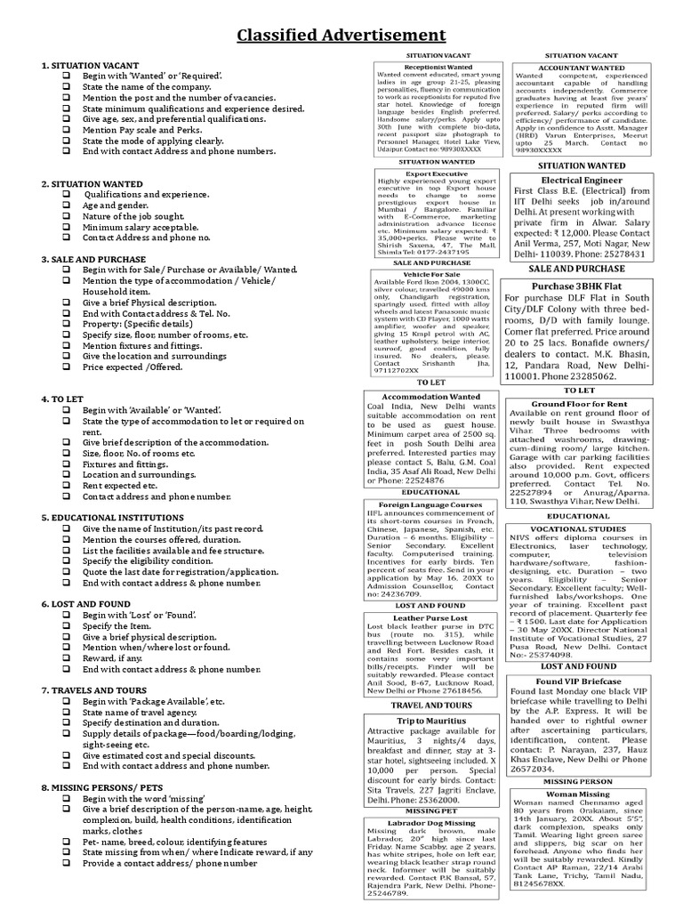 Class 11 Classified Advertisement (Handouts) | PDF
