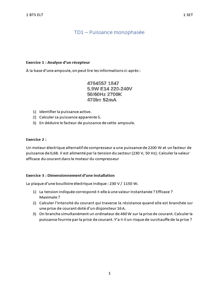 11 - TD1 - Puissance Monophasée | PDF
