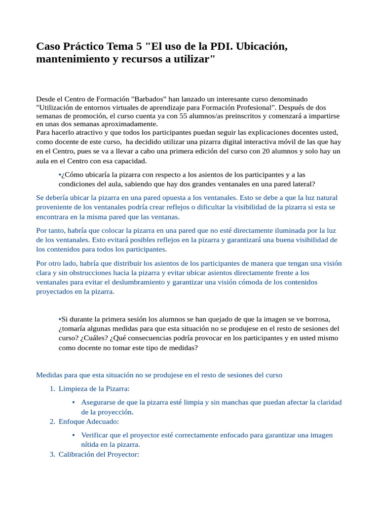 Caso Práctico Tema 5 El Uso de La PDI. Ubicación, Mantenimiento y Recursos A Utilizar | PDF