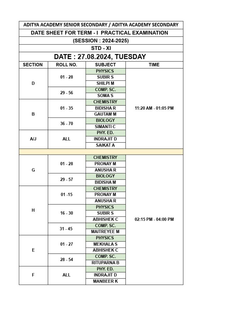 Sts XI Practical Exam Schedule-1 | PDF