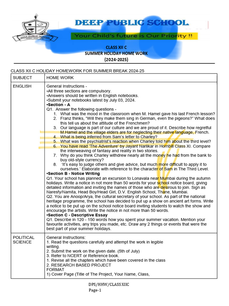 Holiday Homework XIIC (Revised) | PDF