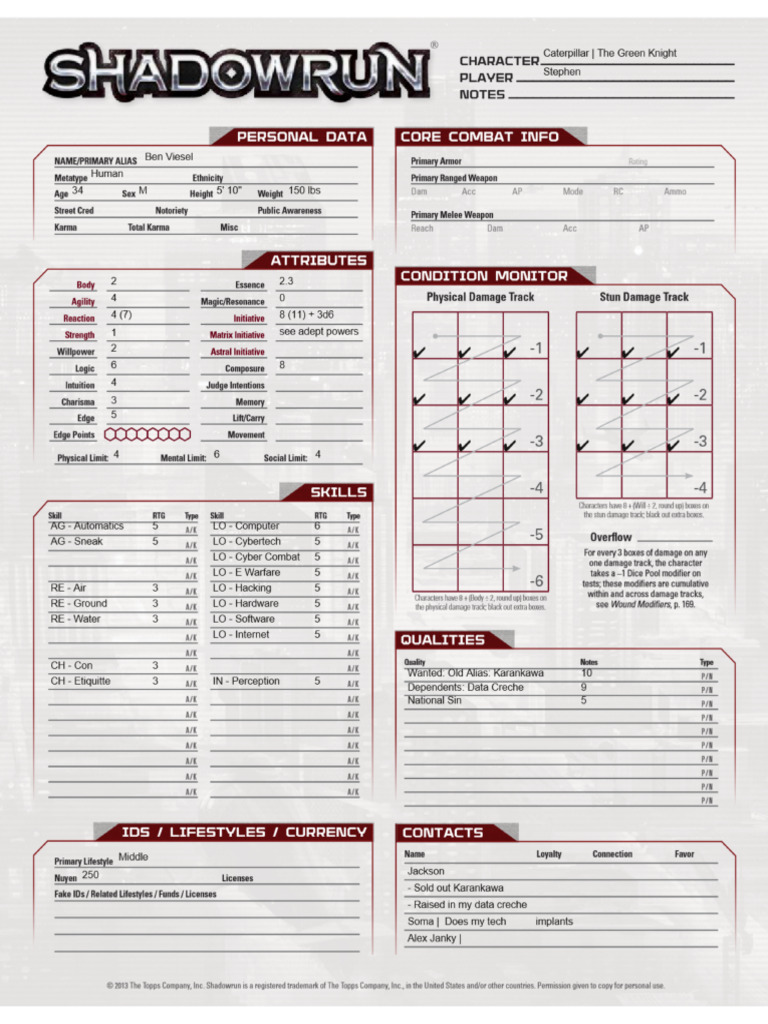 Ben Viesel Shadowrun With Skill Ratings | PDF