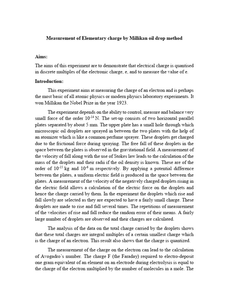 Measure Electron Charge via Millikan Method | PDF | Physics | Teaching ...