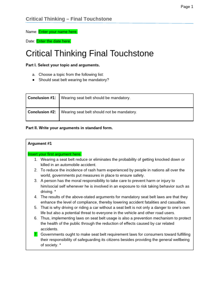 Critical Thinking Touchstone 4 Template | PDF