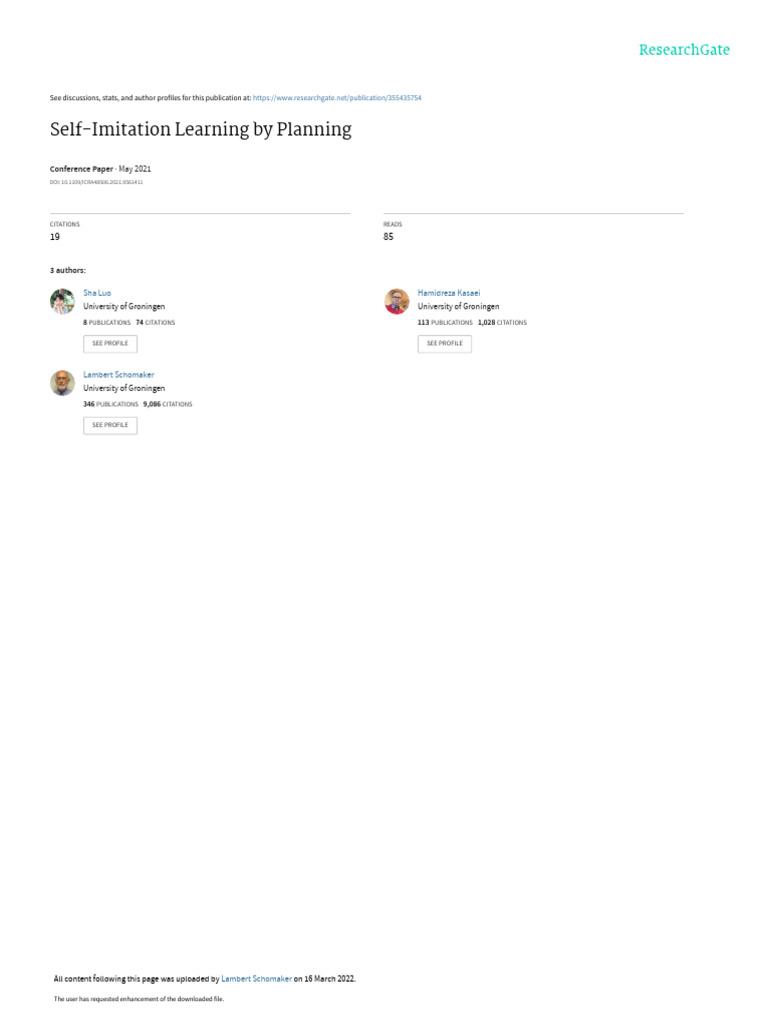 Self Imitation Learning by Planning Luo Kasaei Schomaker 2021 ICRA | PDF